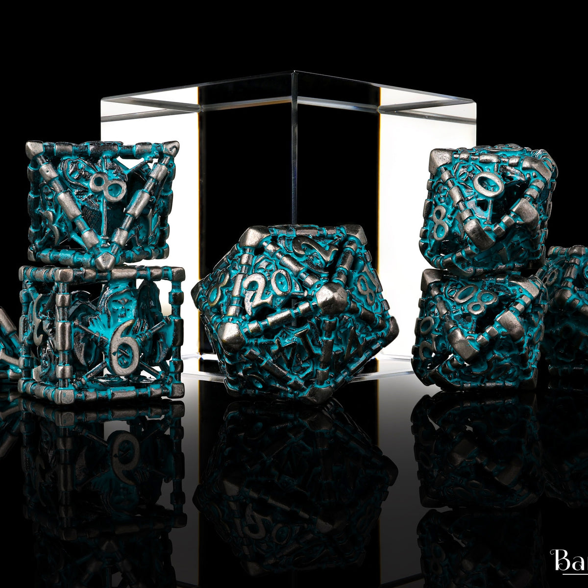 Grim Reaper Teal Glow Metal Dice Set | Baron of Dice | RPGs